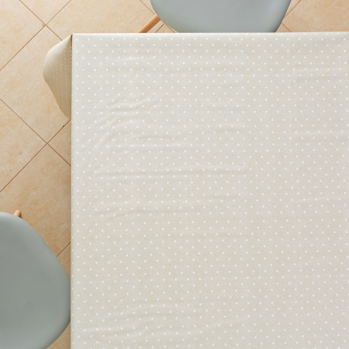 Spotted White Polka Dot Design on Cream Beige Tablecloth PVC Wipe Clea ...